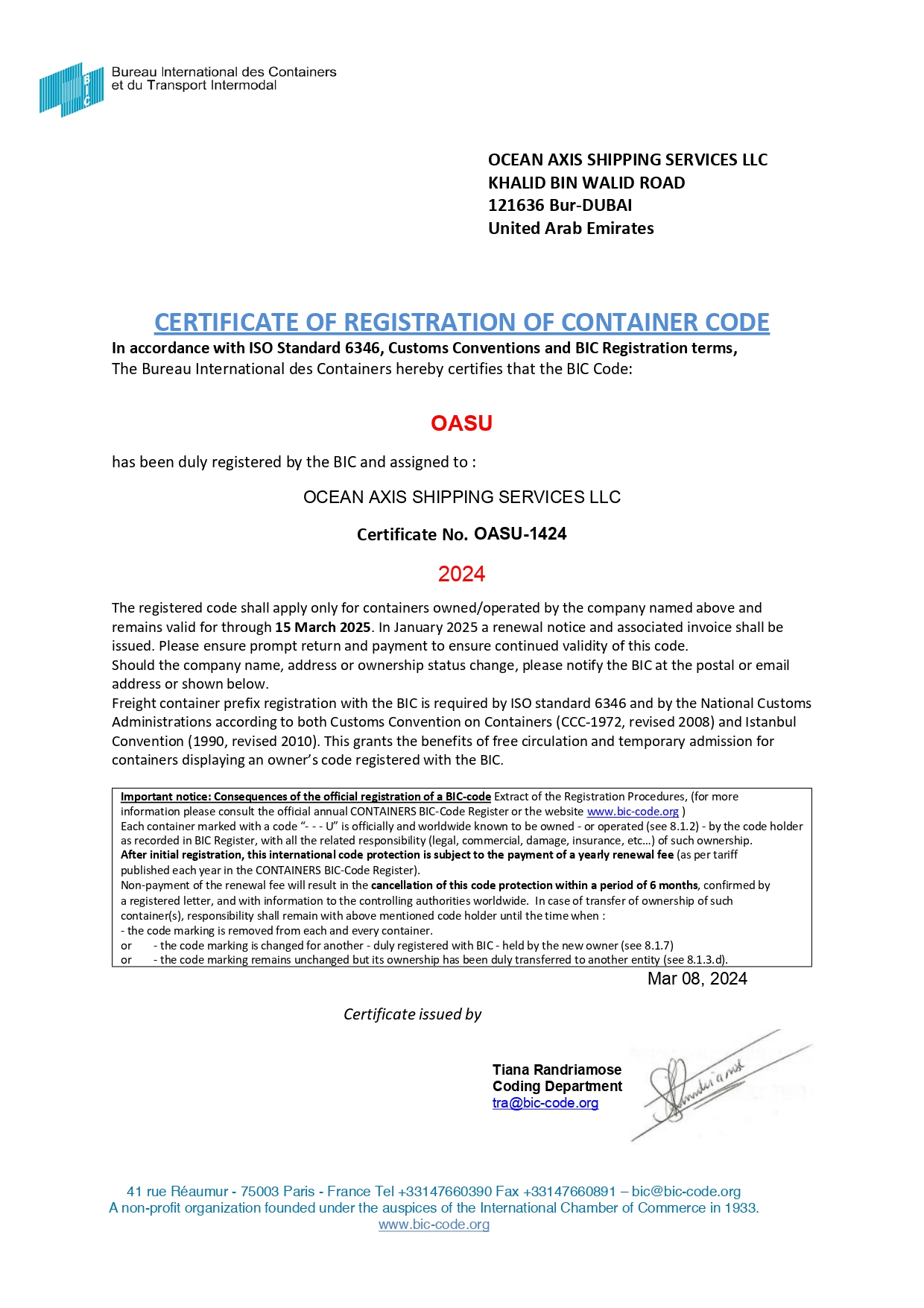 BIC certificate - Ocean Axis Shipping Services LLC